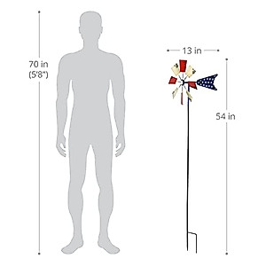 Exhart Yard Pinwheel Decorations – American Flag Windmill Spinner – USA Garden Windmill w/Weather Resistant Americana Metal Blades, Patriotic Decorations, Garden Décor (12" L x 13" W x 54" H)
