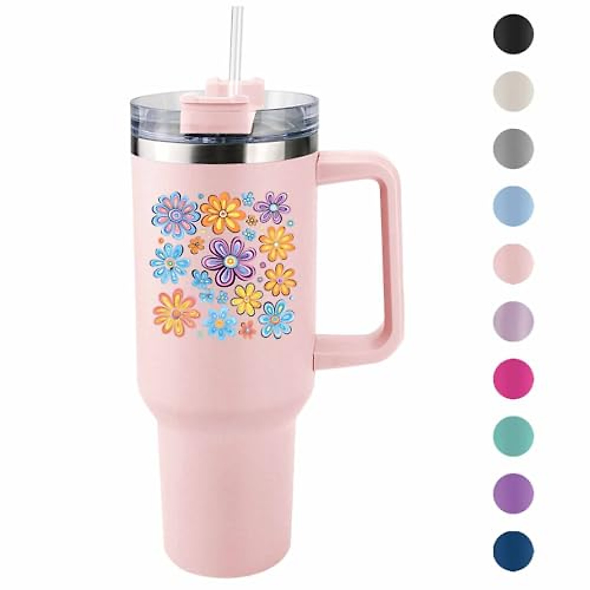 40 Oz Insulated Tumbler with Handle and Straw,Watercolor Blossom Flower Stainless Steel Vacuum Insulated Travel Mug,Leak-proof Water Bottle Iced Coffee Cup,Colorful Floral