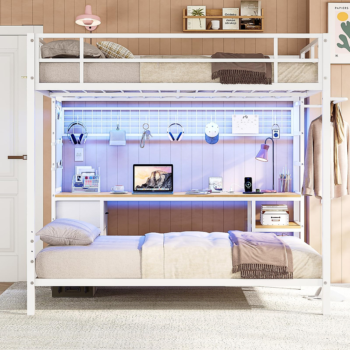 DICTAC Full Over Twin Size Bunk Bed with Desk and Led Lights Metal Loft Bed Frame with Charging Station,Storage Shelves and Drawers for Teen & Adults,Safety Guard & Ladder,No Box Spring Needed,White
