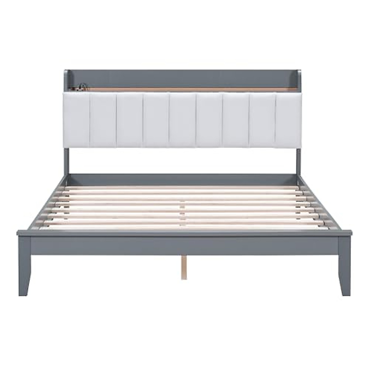Merax Queen Size Upholstered Platform Bed with USB Charging Station and Storage Upholstered Headboard, LED Bed Frame, No Box Spring Needed, Gray