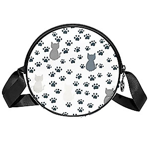 Cat With Paw Prints Crossbody Bag for Women Teen Girls Round Canvas Shoulder Bag Purse Tote Handbag Bag