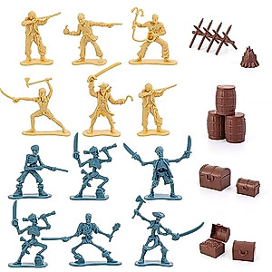 HAPTIME Pirate Toy Set,Pirate and Skeleton Warriors Figures,20 Pirates and 20 Skeleton Warriors with Accessories Such as Buckets,Fences, Bonfires,Treasure Chests