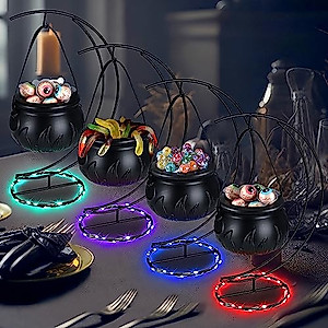 Dandat 4 Sets Halloween Light up Witches Cauldron Candy Bucket Witches Cauldron Serving Bowls on Rack Black Plastic Candy Bucket Cauldron with String Lights for Indoor Outdoor Home Kitchen Decoration