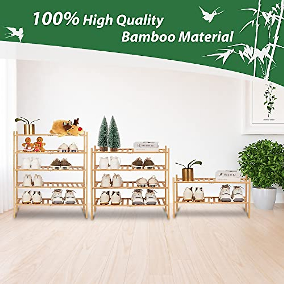 Candockway Bamboo Shoe Rack, 4-Tier Free Standing Shoe Racks, Stackable & Durable Shoe Rack Organizer, Shoe Shelf Holder Shoe Storage for Entryway Hallway Closet, Multifunctional
