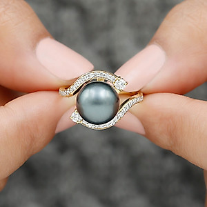 Rosec Jewels June Birthstone - 13 CT Statement Solitaire Ring with Tahitian Pearl and Diamond (AAA Quality), 14K Yellow Gold, Size:US 8.00