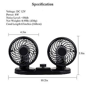 HITOPTY 12V Car Fan, 360 Degree Swivel 2 Speed Electric Backseat Fans for Auto SUV RV Vehicle Boat