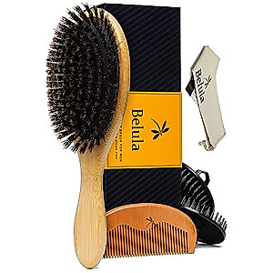Belula 100% Boar Bristle Hair Brush for Men Set. Soft Hairbrush for Thin, Normal and Short Hair. Boar Bristle Brush and Wooden Comb for Men. Free 2 x Palm Brush & Travel Bag Included.
