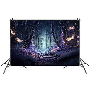 MOONDECO Photography Backdrop 7x5ft Butterfly Wonderland Forest Road Birthday Background Children Bluey Party Photo Booth Props Fire Fly Lamp Light Decorations