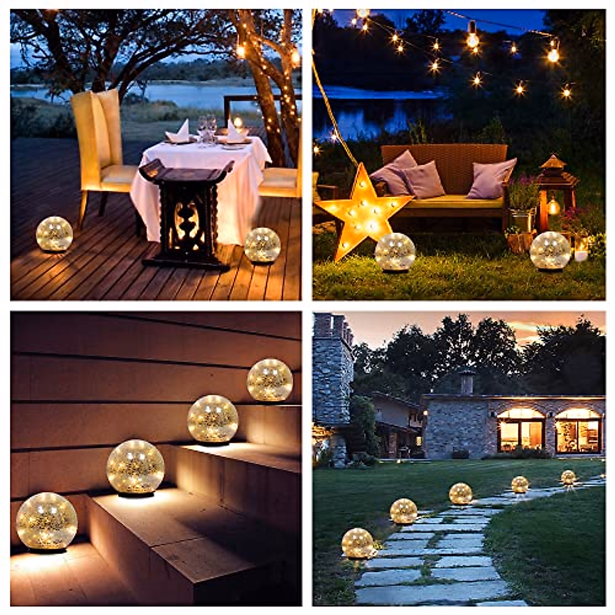 PHITRIC Garden Outdoor Decor Lights, 4 Inch Cracked Glass Ball Light Yard Decor with Timer, Upgraded Weatherproof Warm White LED Globe Lights for Outdoor Decor Pathway Patio Yard Lawn Party