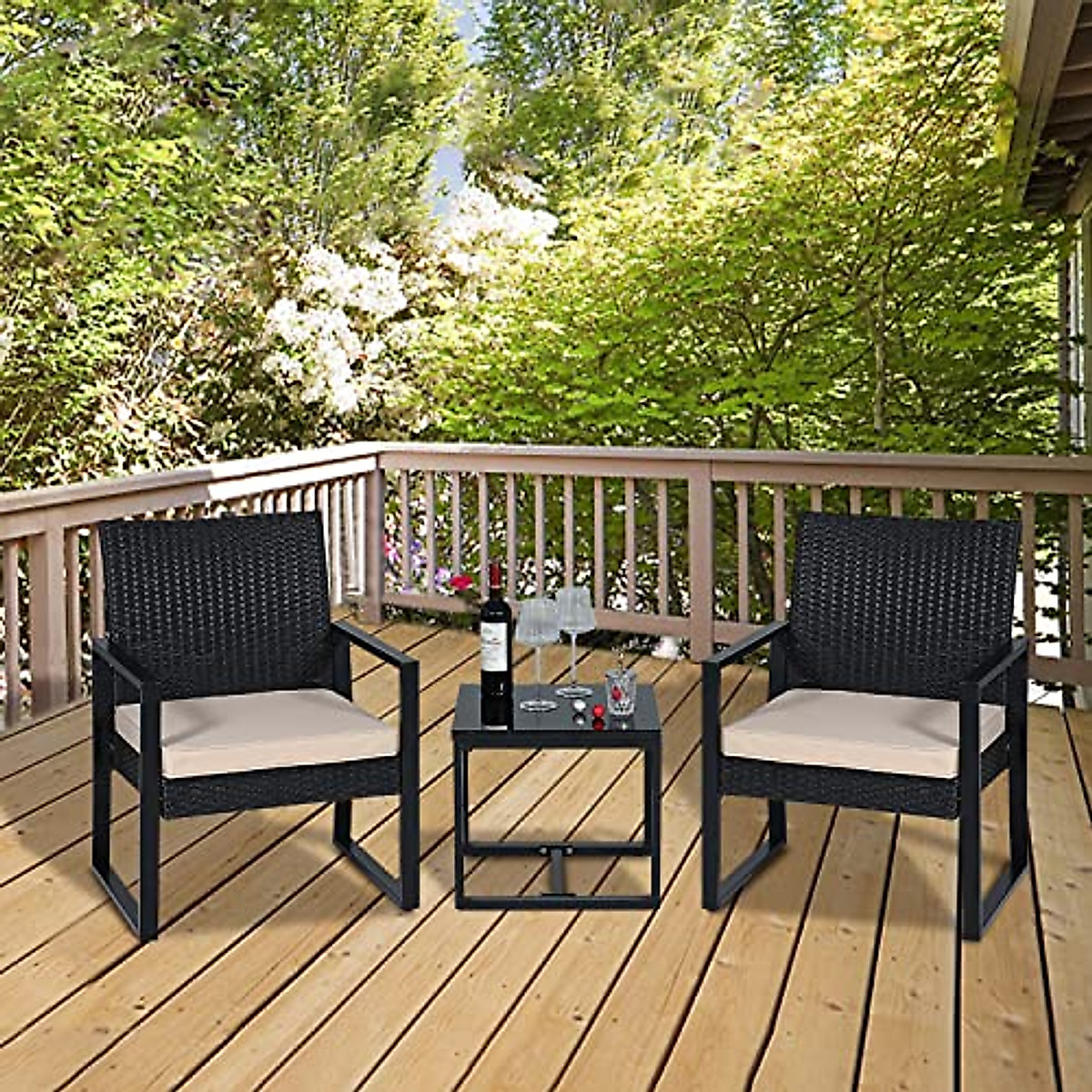 ABCCANOPY 3 Pieces Patio Furniture Sets,Rattan Chair Wicker Conversation Sets,Two Rattan Chairs with Glass Coffee Table,Garden Balcony Backyard Poolside (Black)