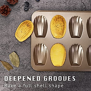 HONGBAKE Nonstick Madeleine Pan 2 Pack 12-Cavity Heavy Duty Madeleine Cookies Trays for Oven Baking, Warp Resistant Shell Shape Madeleine Mold Cake Pan, Champagne Gold