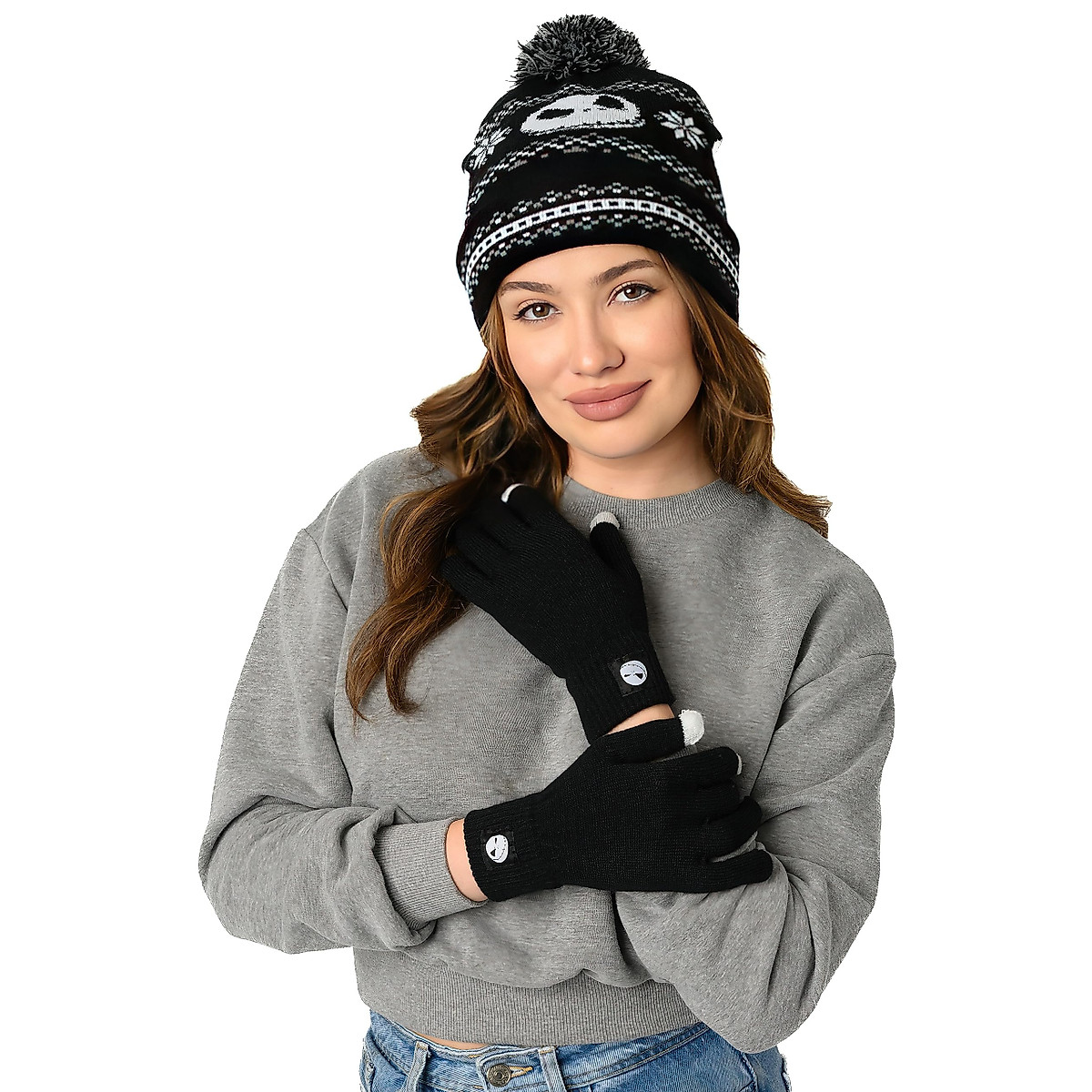 Disney Jack Skellington Womens Knit Beanie Hat and Texting Glove Set (Black)