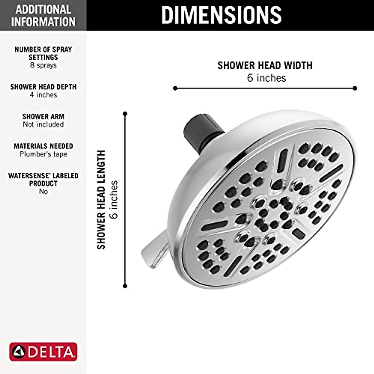 Delta Faucet 8-Spray Chrome Shower Head, Delta Shower Head Chrome, Showerheads, 2.5 GPM Flow Rate, Chrome 75898