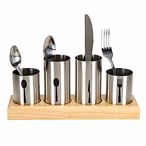 ZOOFOX 4 Pack Silverware Holder, Stainless Steel Utensil Organizer with Bamboo Base for Forks, Knives and Spoons, Perfect for Kitchen Table, Cabinet, Pantry ( Nature )