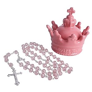 Vencer Ceramic Keepsake Box and Rosary Gifting Set, My First Rosary Cross for Boys and Girls,Pink,VBK-002P