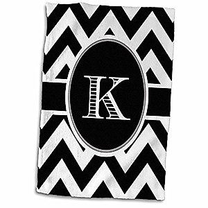 3D Rose Black and White Chevron Monogram Initial K Hand Towel, 15" x 22", Multicolor