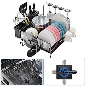 SINOART Kitchen Dish Drying Rack with Swivel Spout, Prevents Placement Scratches Stainless Steel Frame,Can Store Large Plates and Small Dishes, Large Knives and Small Knives, 2023 Model