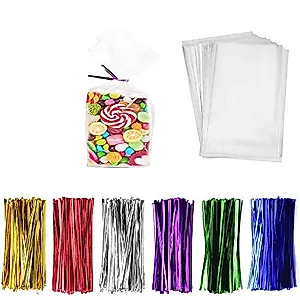 LiyuanQ 300 Pcs Clear Candy Bags Clear Cellophane Bags 4"x6" Cookie Bags with 6 Mix Colors Twist Ties - 1.4mils Thickness OPP Plastic Bags for Wedding Birthday Cake Pop Gift Candy Buffet Supplies