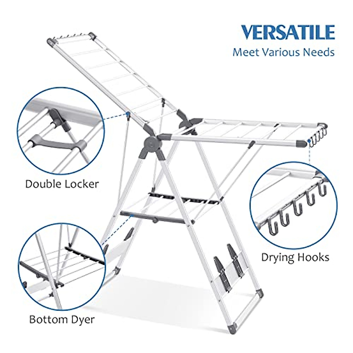 TOOLF Clothes Drying Rack, Aluminum Foldable 2-Level Drying Racks for Laundry, Large Foldable Laundry Stand with Height-Adjustable Gullwings, Sock Clips Hooks for Bed Linen, Clothing, Socks, Scarves