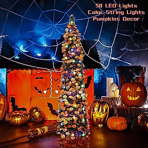 Halloween Pumpkin Tree with 50 Lights,5ft Pop Up Pencil Collapsible Tinsel Halloween Christmas Trees Decorations Indoor for Home Door Porch Bedroom Decor Holiday Party,WOKEISE