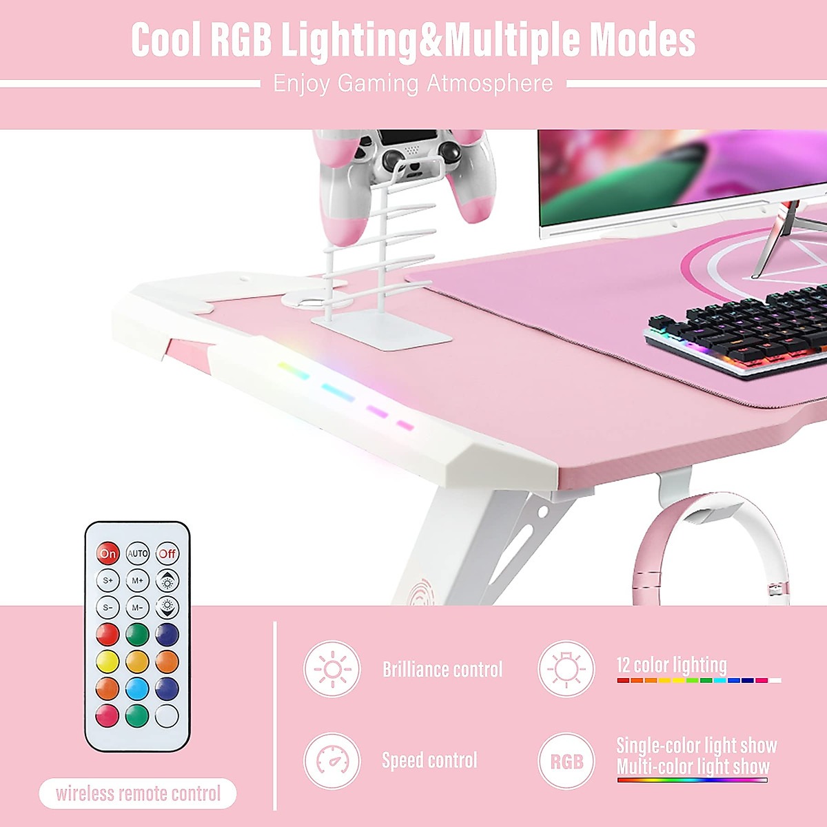 YOUTHUP Gaming Desk with LED Lights, 55 Inch Z Shaped Game Desk for PC Gamer, Ergonomic Racing Style Computer Table Workstation with Remote Control, Headphone Hook, Cup Holder, Handle Rack, Pink