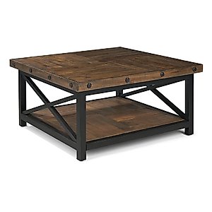 BOWERY HILL Farmhouse Wooden Carpenter Square Coffee Table in Brown Finish