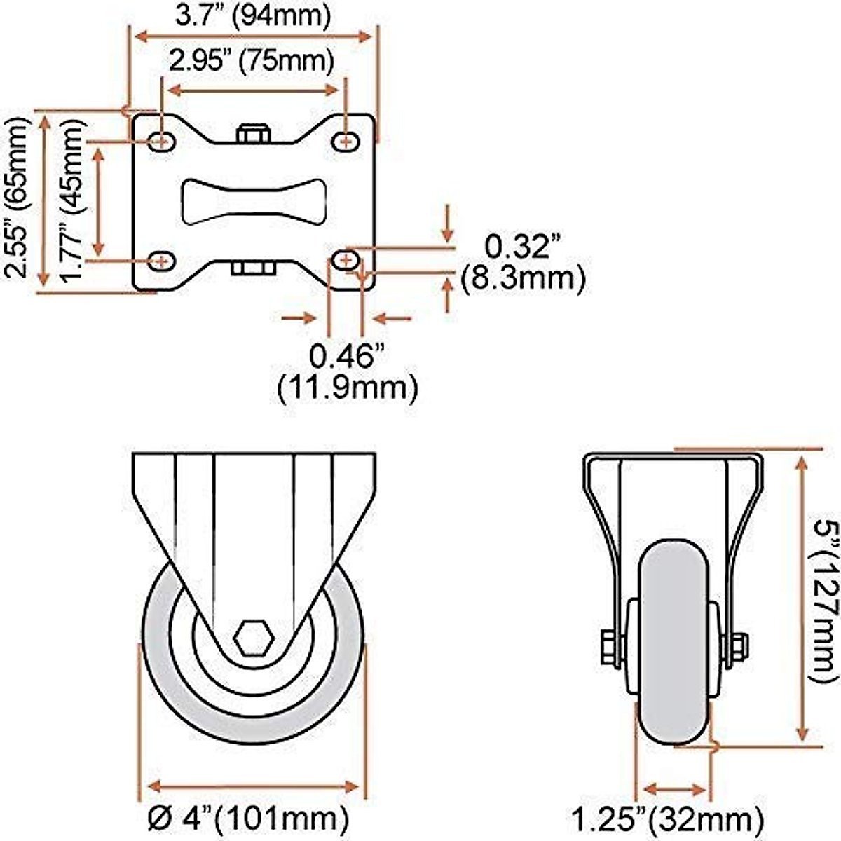 4 Pack 4" Caster Wheels Swivel 360 Degree 2 with Brake Swivel and 2 Rigid Non Swivel Fixed Stationery Combo On Red Polyurethane Wheels with Hardware