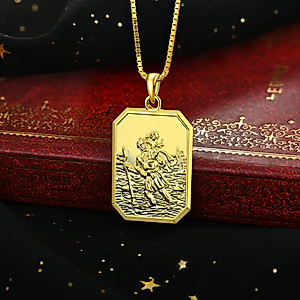 FJ 18K Gold Plated St Christopher Necklace 925 Sterling Silver Square Saint Christopher Pendant Necklace for Women Men with 20 Inch Chain