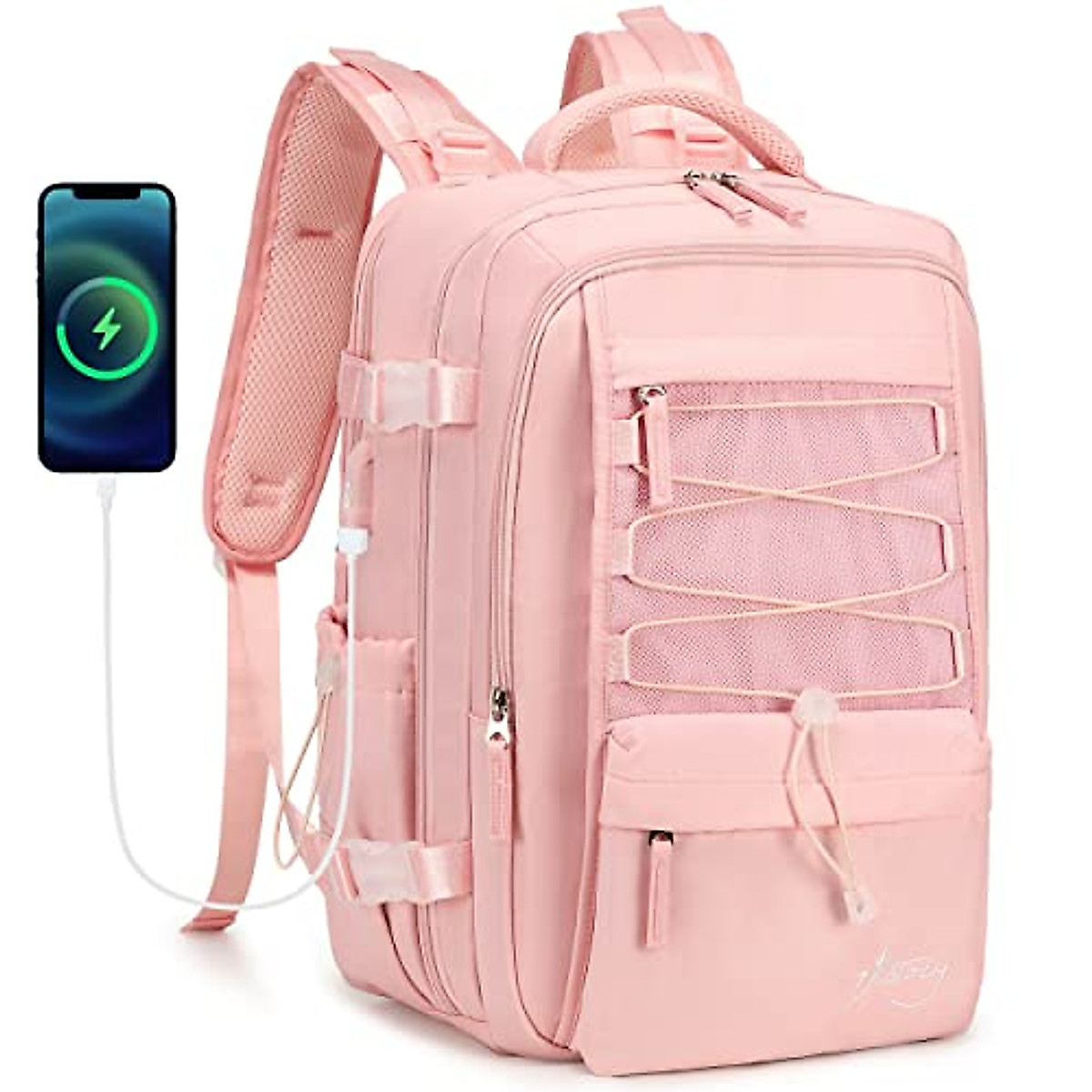 Travel Backpack for Women Men 17 Inch Laptop Backpacks with USB Port Carry on Bag Airline Approved Large College School Bookbags Waterproof Work Business Sport Rucksack Casual Daypack (Pink)