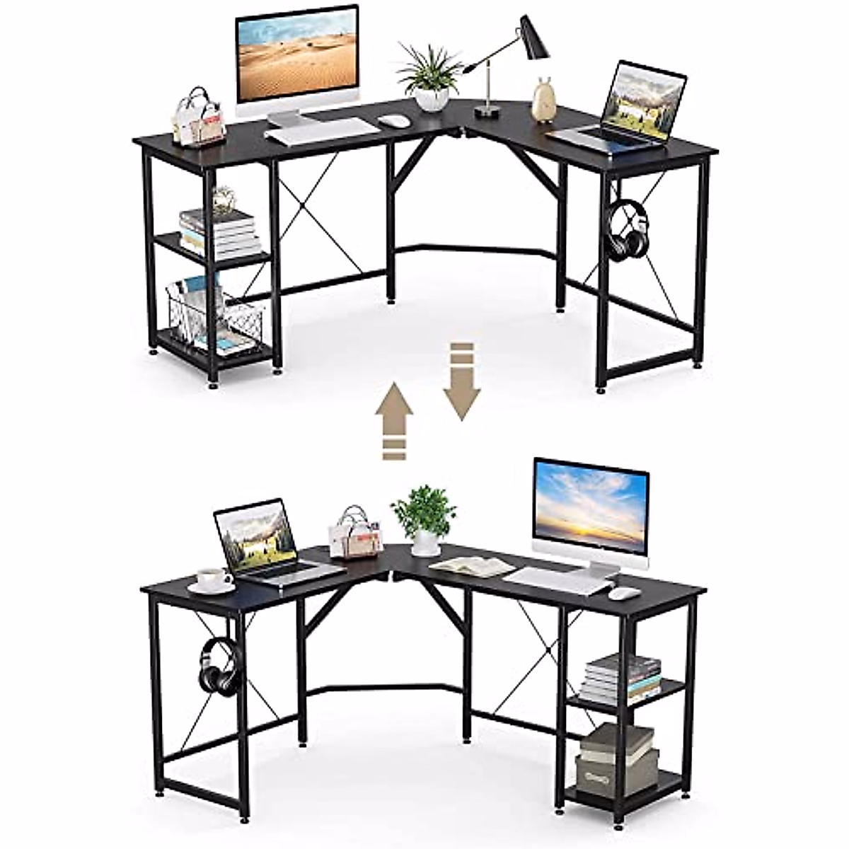 fukifuki L-Shaped Gaming Desk, 59.1" Corner Computer Office Desk, Writing Workstation,with Adjustable Shelves, Space-Saving, Easy to Assemble (Black)