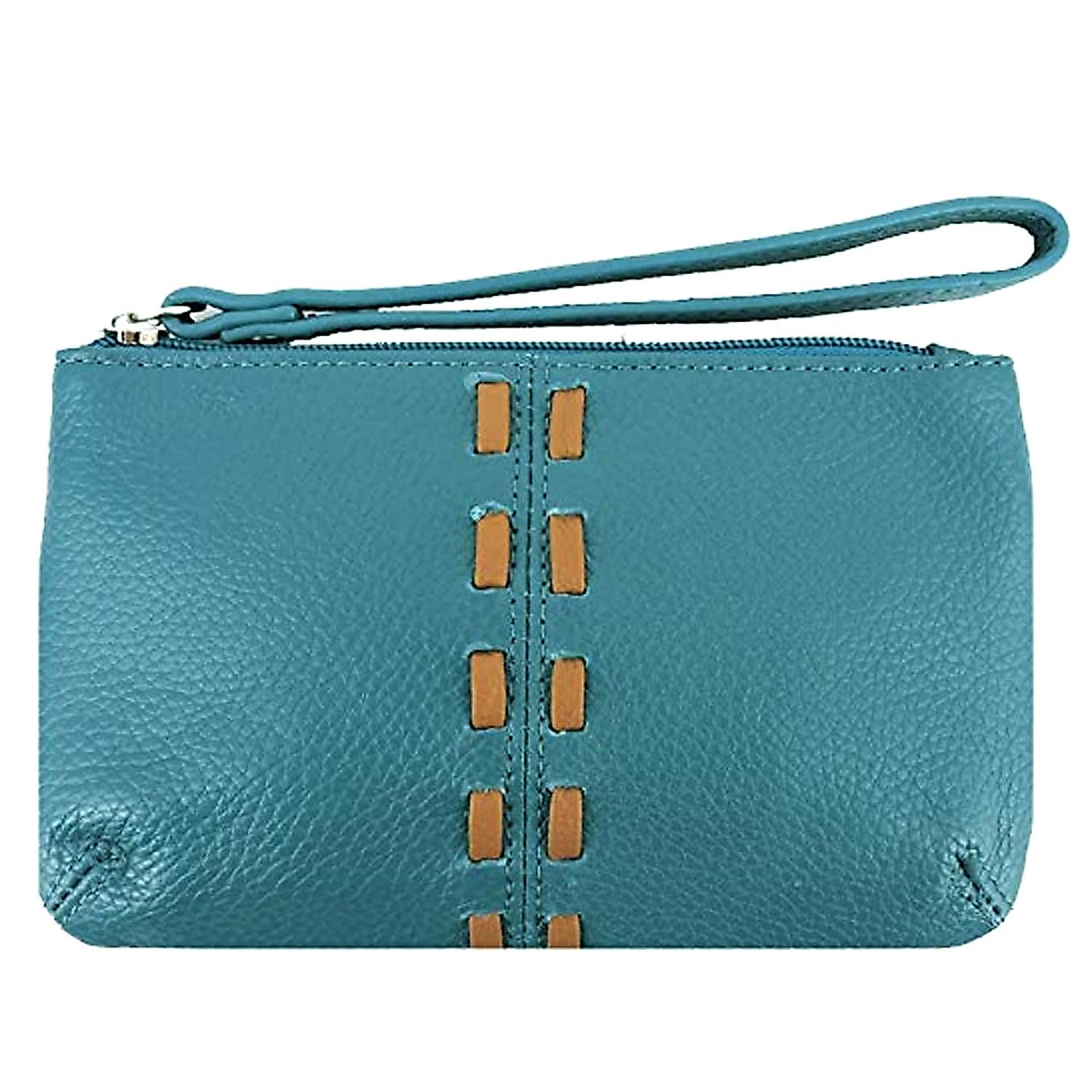 SILVERFEVER Cowhide Leather Wristlet Purse Wallet Whipstitched Detail (Turquoise)