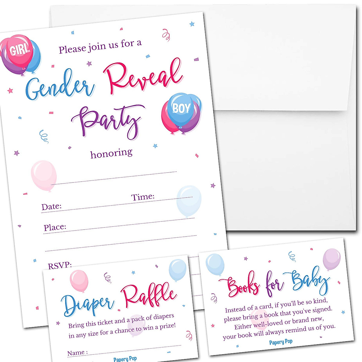 Set of 25 Gender Reveal Party Invitations with Envelopes, Diaper Raffle Tickets and Baby Shower Book Request Cards
