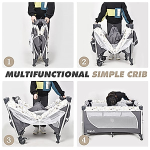 Heyo.Ja Double Layer Baby Portable Playard, 5 Height Adjustable Crib,Changing Table, Foldable Bassinet Bed with Luxury Mosquito Net,Toys Bag,Wheels & Brake, Game Entrance for Boys Girls(Grey)