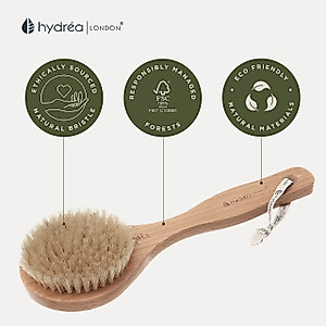 Hydrea London Dry Body Brush –Short Handle Premium Exfoliating Dry Skin Brush with Natural Bristle, FSC® Certified Beechwood.