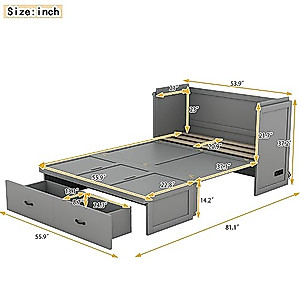 Full Size Murphy Bed with USB Port and Storage Drawers, Wood Full Platform Bed Frame with Charging Station, Full Murphy Bed for Bedroom Murphy Bed Cabinet Murphy Chest Bed (Gray)