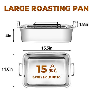 Turkey Roasting Pan with Nonstick Rack: Large 16 x 12 Inch Stainless Steel Turkey Roast Pan Set Rectangular Roaster – Perfect for Thanksgiving
