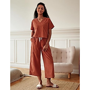 Ekouaer Women's 100% Cotton Linen Lounge Set Short Sleeve Top Wide Leg Pant Pajama Set Outfits,Clay,X-Large