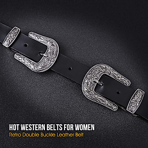 SUOSDEY Western Belts for Women Black Leather Belts for Jeans Dresses with Retro Double Buckle