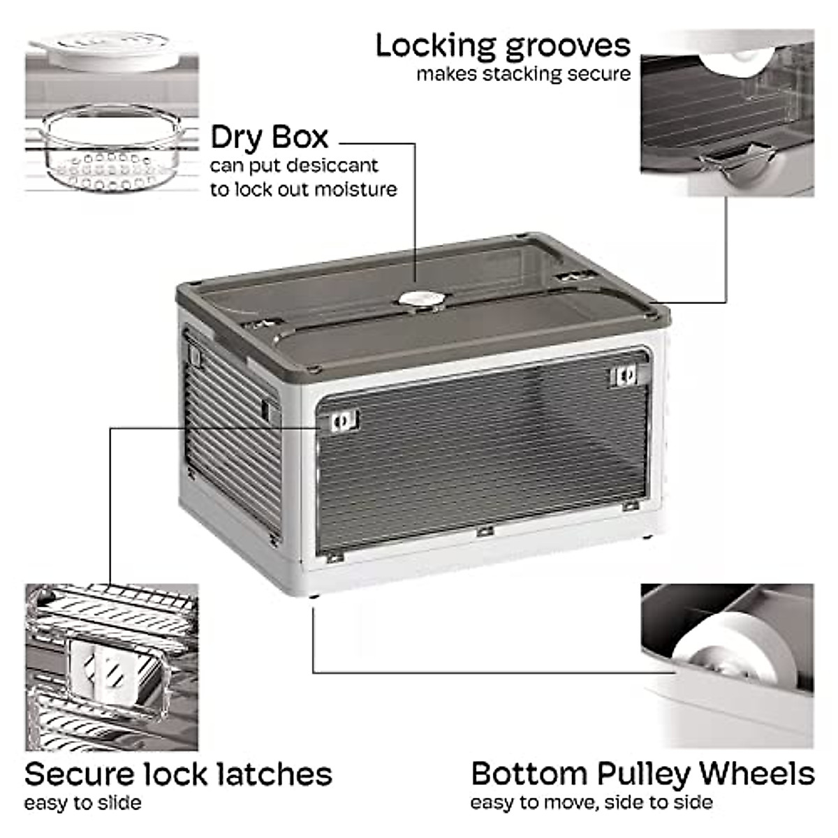 WYZworks Collapsible Storage Boxes with 5 sides Opening - Foldable Stackable Plastic Storage Box Tote w/Wheels Designed for Clothing, Snack Pantry, Toys, Side Latching Locks - 42L - White