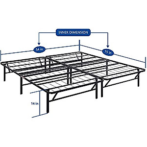 Olee Sleep 14 Inch Foldable Dura Metal Platform Bed Frame, Full Size, Comfort Base Bed Frame, Height for Under-Bed Storage, Black