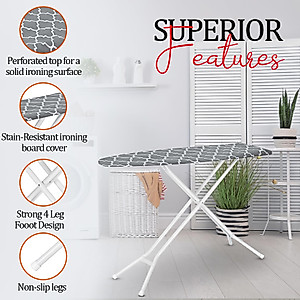 Tidy Zebra Compact Ironing Board Full Size MADE IN THE USA – 4 LEG Extra Durable & Sturdy Ironing Boards with Thick Iron Board Cover – Foldable Ironing Board for Easy Storage Height Adjustable (13x53)