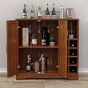 FROMJBEST Wine Bar Cabinet, Coffee Bar Cabinet with 2 Door and Shelf, Glass Holder, Accent Storage Cabinet, Buffet Sideboard for Dining Room, Kitchen (Brown)