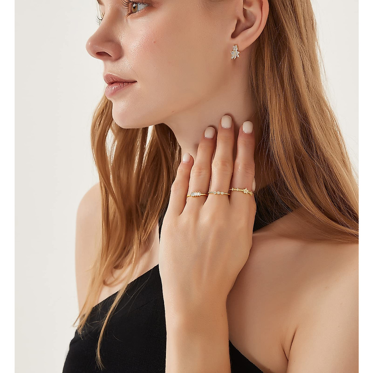 TIGRADE 1.2mm 14k Gold Plated Stacking Ring Fashion CZ Star Ring Dainty Thin Ring Eternity Statement Ring for Women Size 4-11, Gold, Size 8