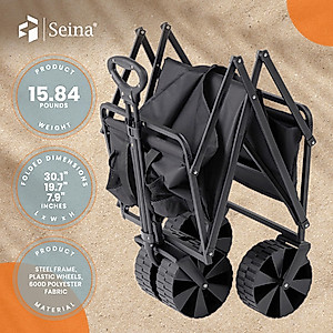 Seina 150 Pound Capacity Heavy Duty Steel Frame Collapsible Folding Outdoor Portable Utility Cart Wagon with All Terrain Plastic Wheels, Black