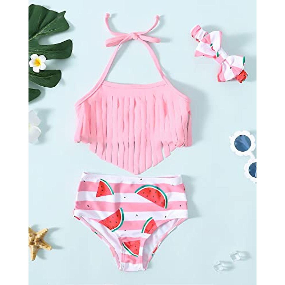 4T Toddler Girl Swimsuit Little Kids Triangle Bikini Tassel Halter Tankini Top 2pc Watermelon Bathing Suit 4T 5T Swimsuit for Girls Light Pink