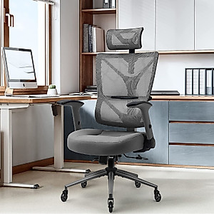 Ergonomic Mesh Office Chair - High Back Home Office Desk Chairs with Adjustable Headrest, 2D Flip-up Arms, Lumbar Support, Tilt Function and Rubber Wheels - Ergonomic Design for Back Pain,Gray