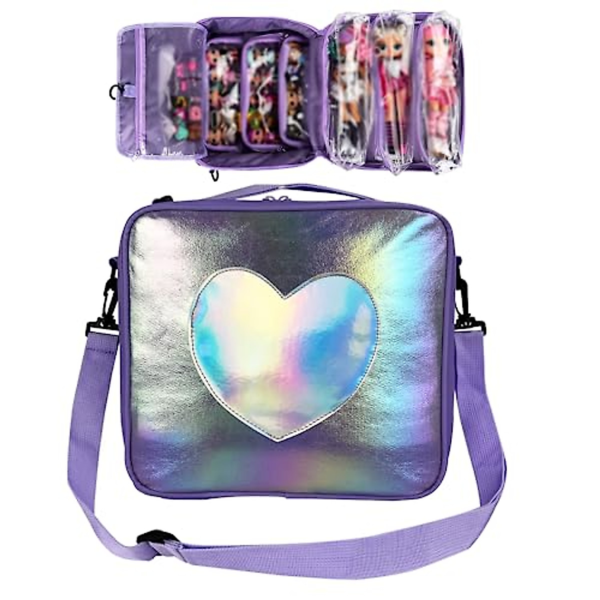 VETHERS Doll Carrying Case Compatible with LOL Surprise OMG, Display Organizer Compatible with Big Sister 3-inch Dolls with a Hanging Hook and 7 Clear Zipper Pockets, Bag Only (Purple)