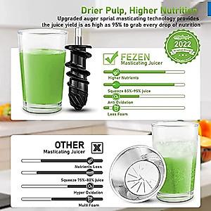 Cold Press Juicer, FEZEN Slow Masticating Juicer With 2 Speeds & Reverse Control, High Juice Yield & Pure Taste, Celery Juice Maker & Beetroot Juice Extractor for High Nutrient Fruits and Vegetables Juice, Easy to Clean, BPA Free