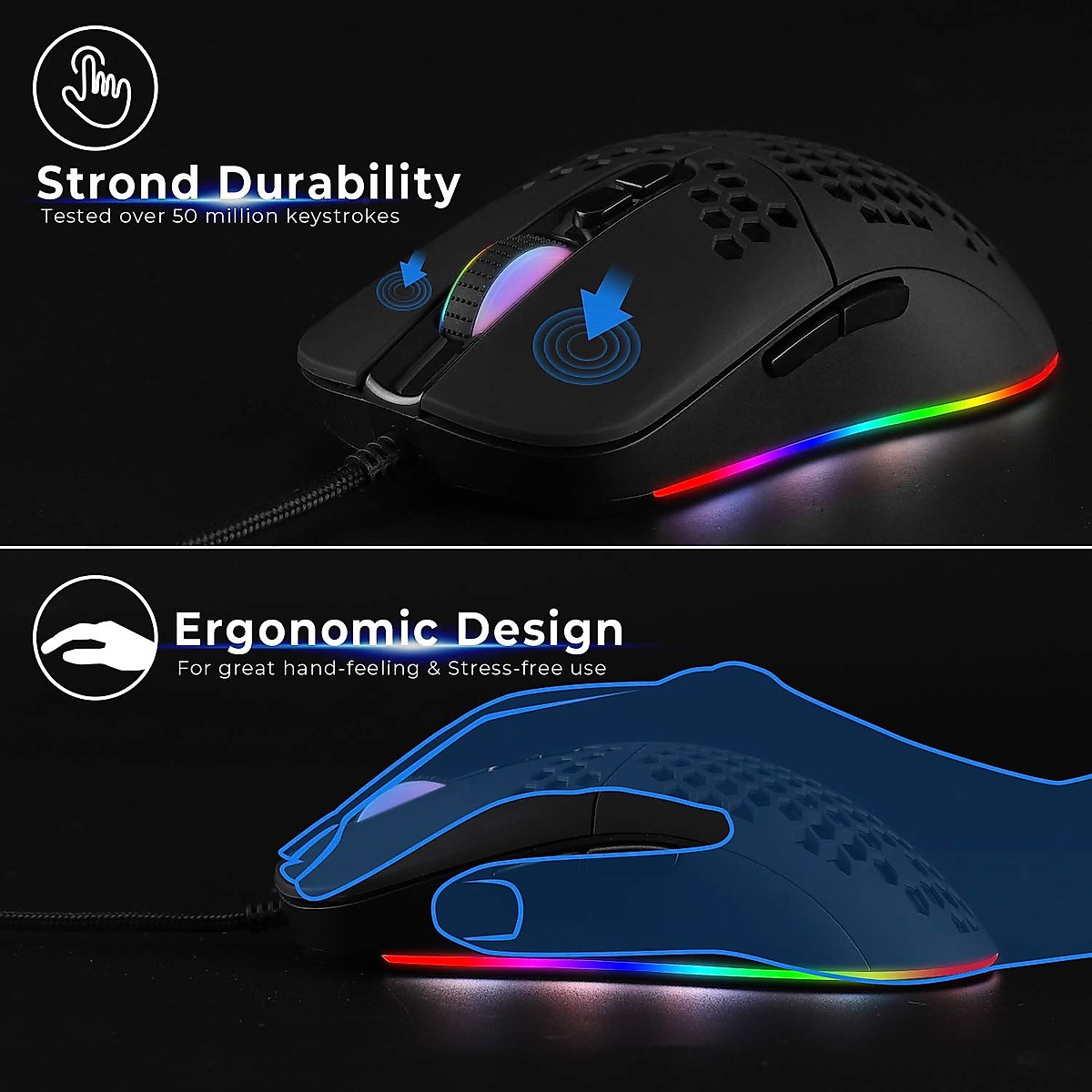 Attoe USB C Mouse,Lightweight Gaming Type C Mouse up to 7200 DPI,Wired Mouse for MacBook Pro Chromebook Laptop PC and More USB Type C Devices (Black)