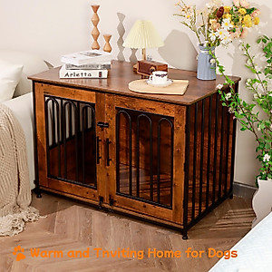 Dog Crate Furniture, 39.37" Double Doors Wooden Dog Kennel End Table, Indoor Dog House End Table Furniture Style for Small/Medium/Large Dogs Anti-Chew Crate,Retro Brown